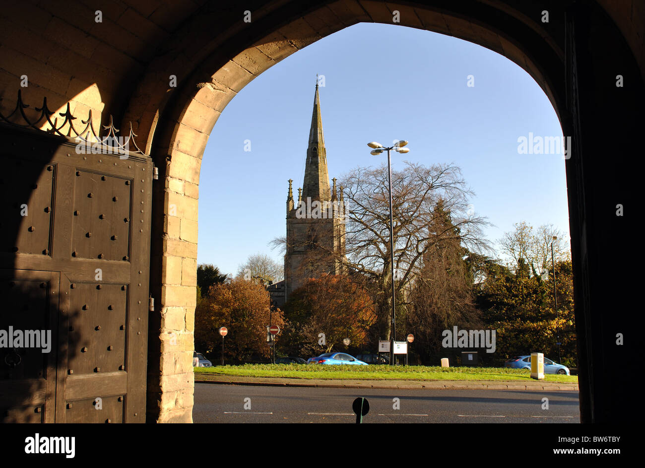St. Nicholas Church from the castle gate, Warwick, Warwickshire ...