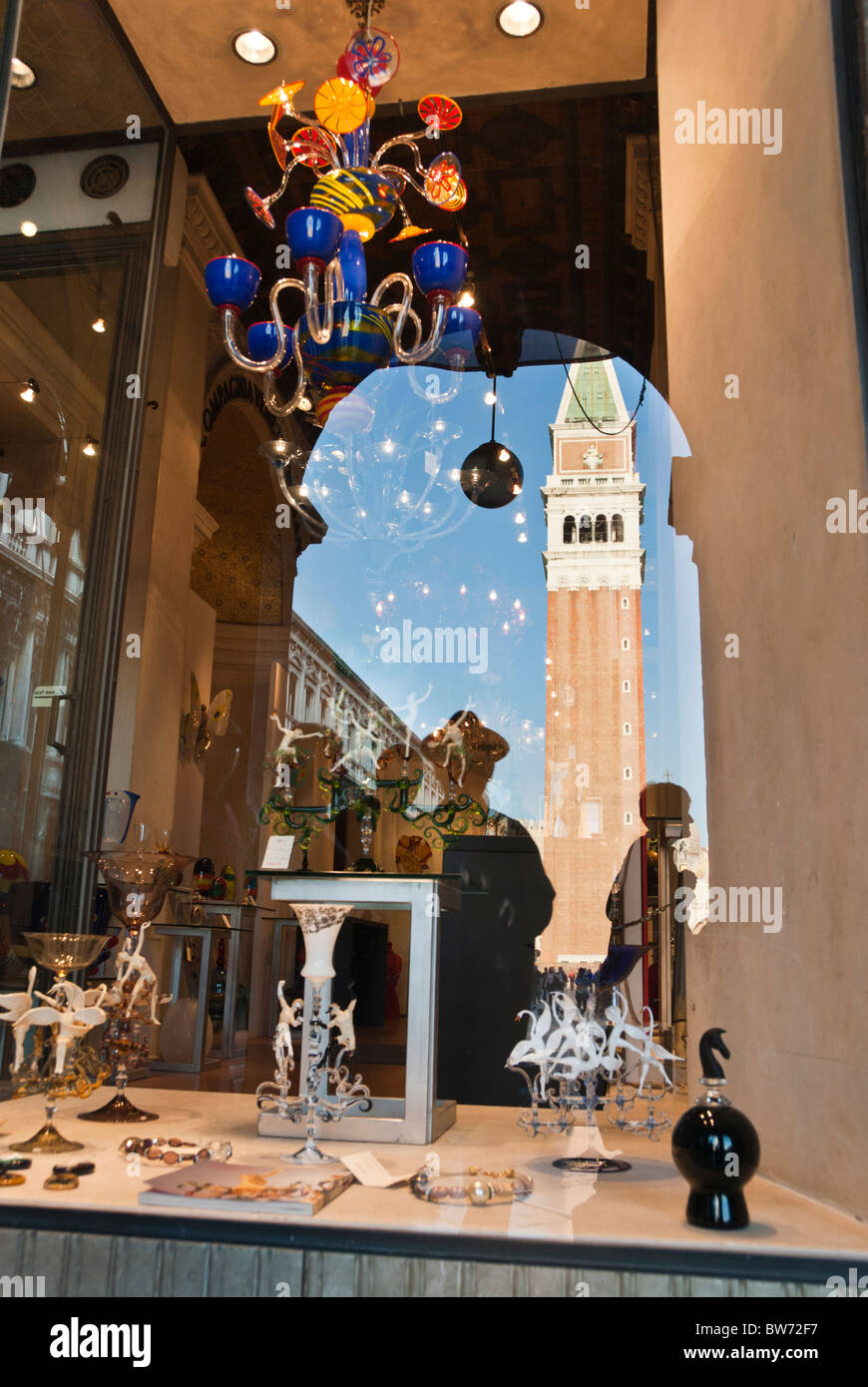 View of the Campanile on a luxury shop window, Venice, Italy, Europe ...