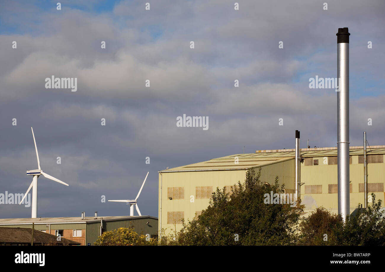 Wind turbines on an industrial estate in Workington, Cumbria, England ...