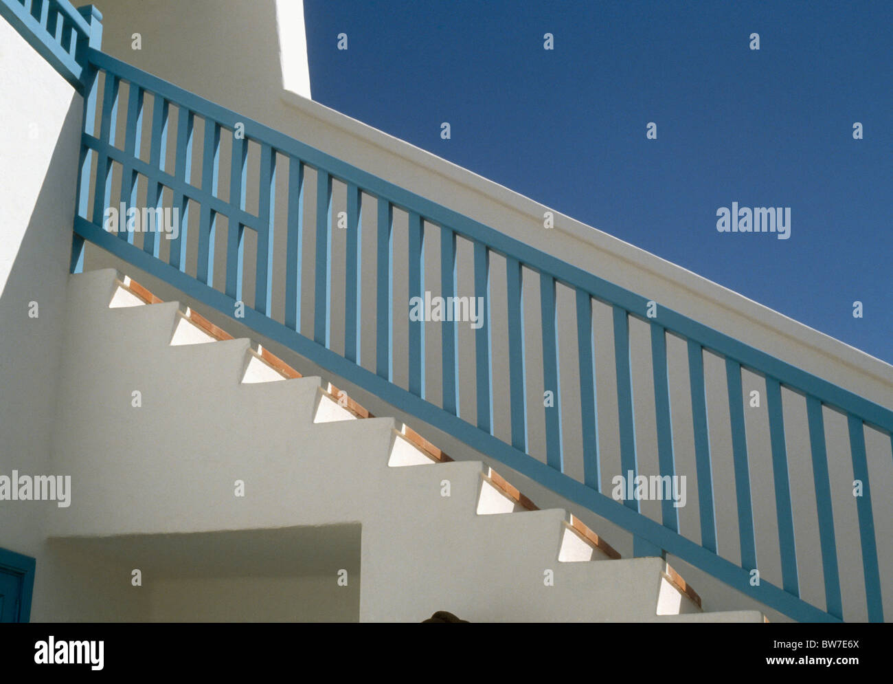 Blue painted balustrade on exterior staircase of thirties house Stock ...