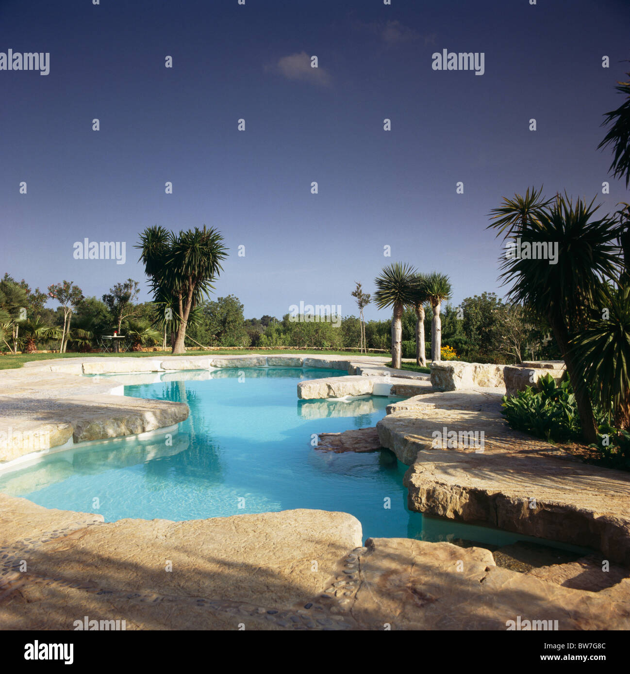 Turquoise swimming pool with curved edges and stone paving Stock Photo ...