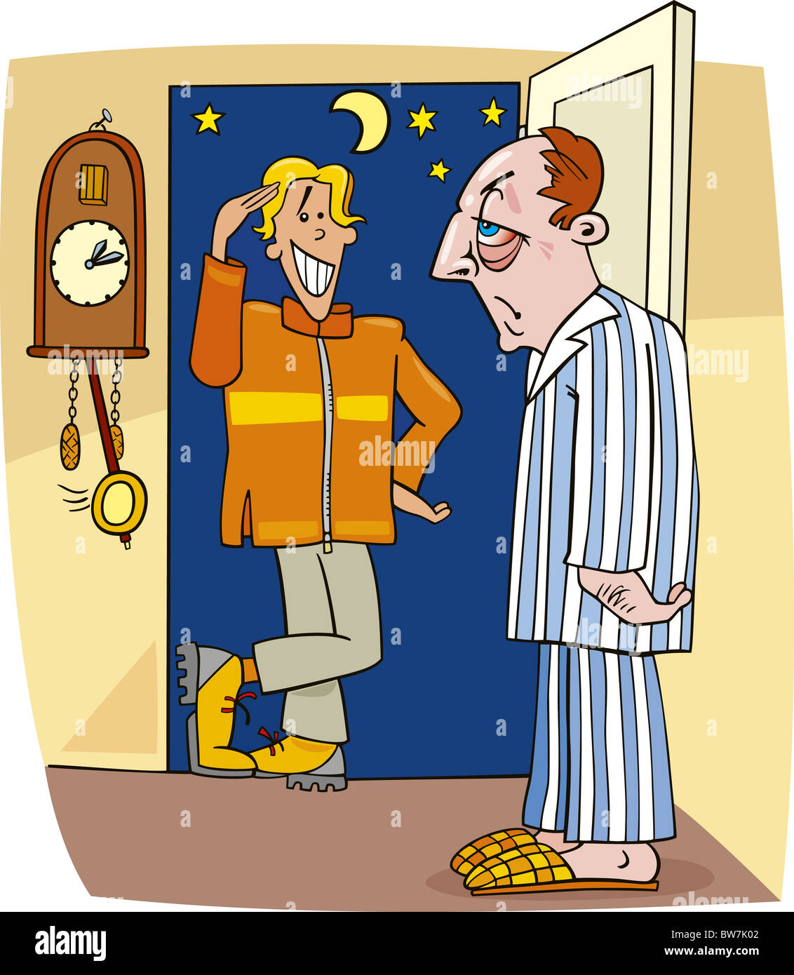 Cartoon illustration of guy visiting man in the middle of the night ...