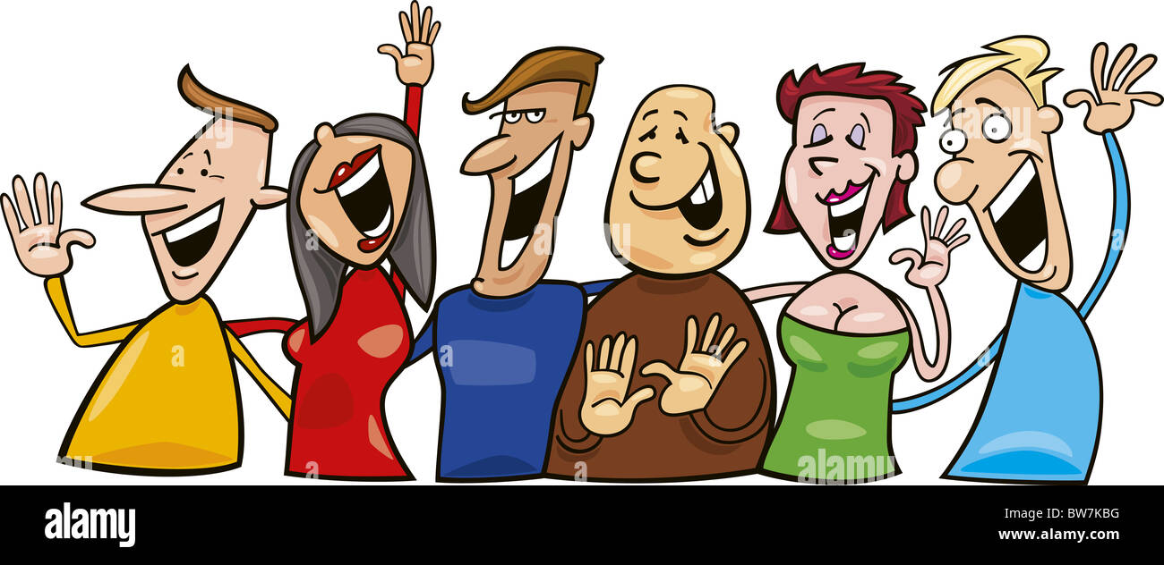 Cartoon illustration of group of happy people Stock Photo - Alamy