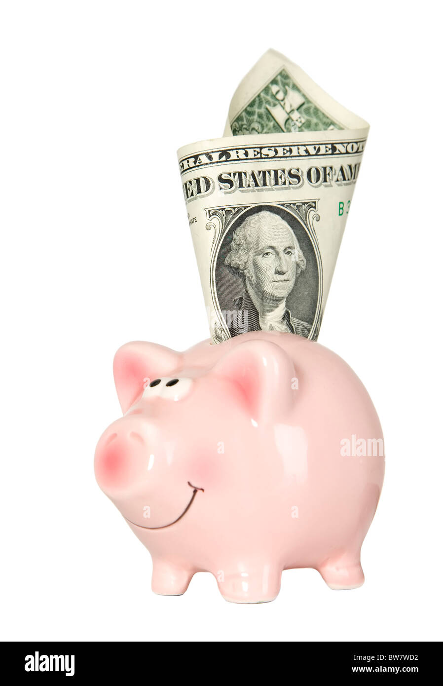 Saving pig is smiling and standing with money Stock Photo - Alamy