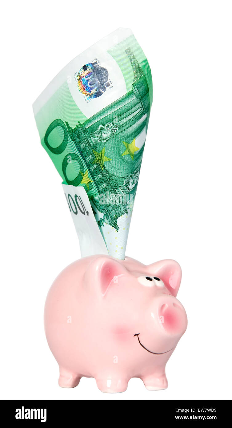 Saving pig is smiling and standing with money Stock Photo - Alamy