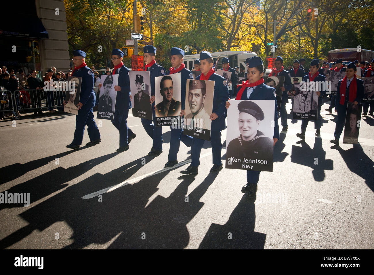 ROTC members march in the 91st anniversary of the Veteran's Day Parade ...