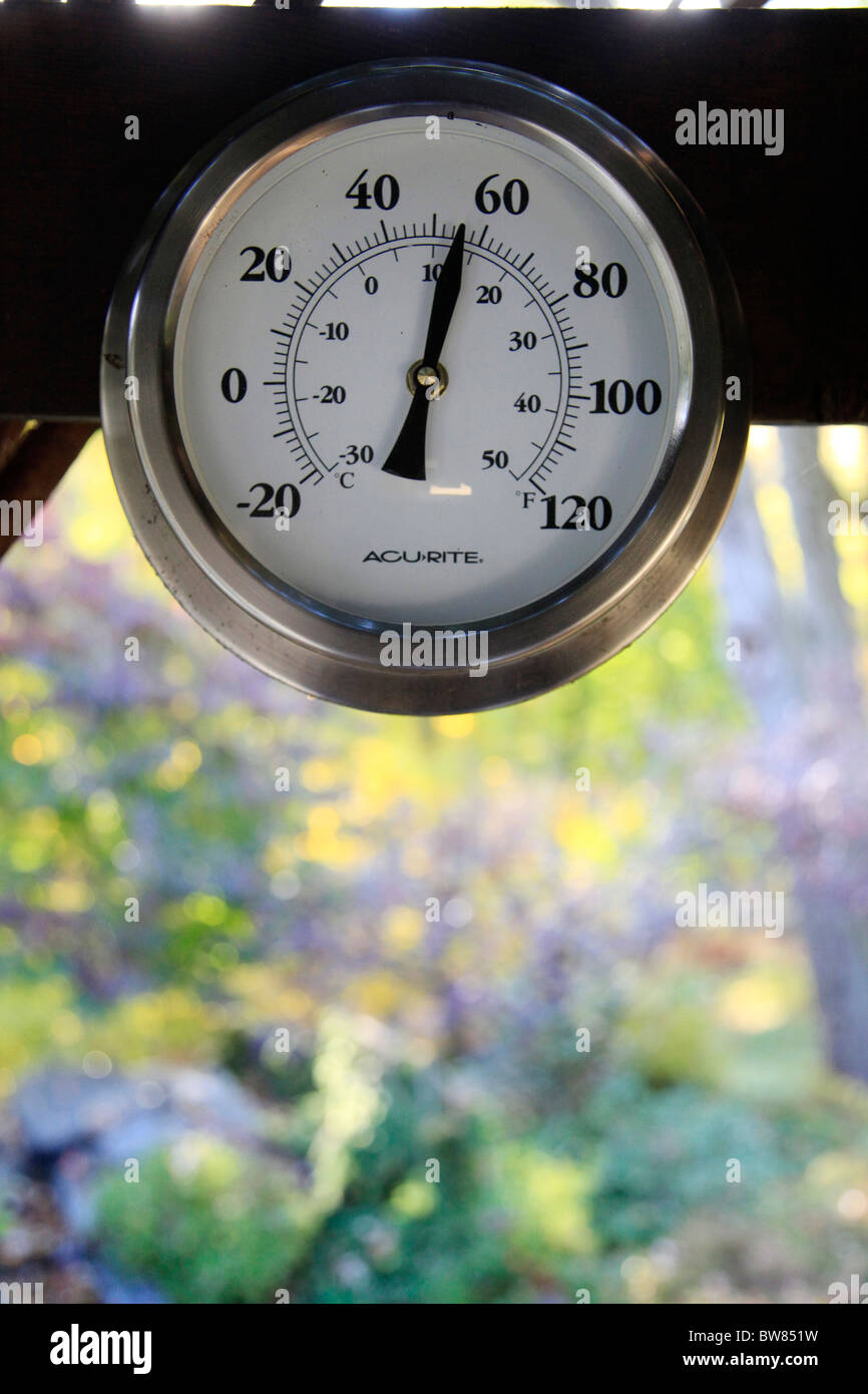 An outdoor garden thermometer showing falling temperatures in Fall or ...