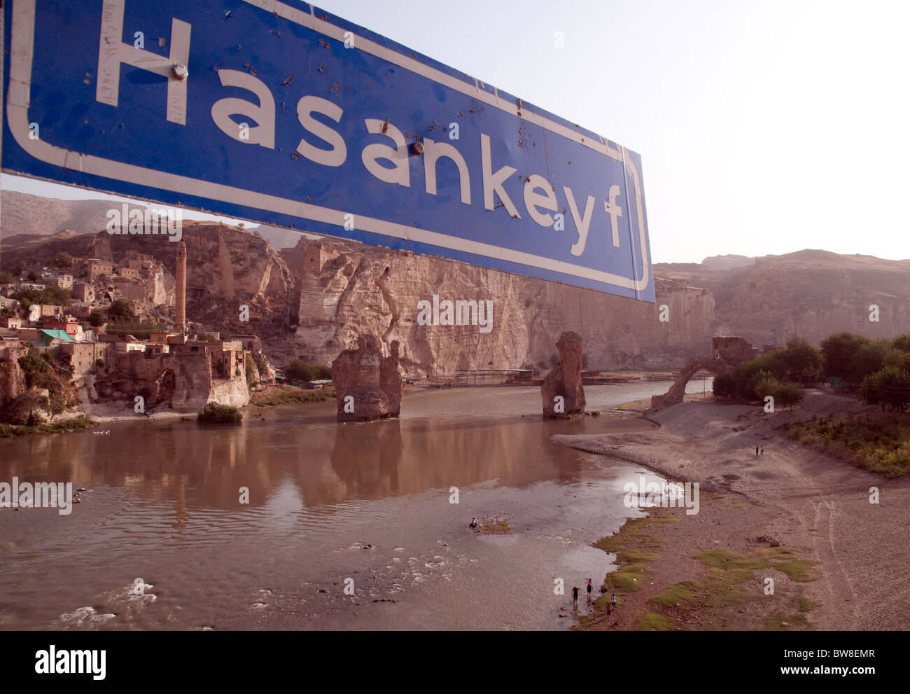 A view of the Tigris river and a road sign for the ancient Kurdish ...