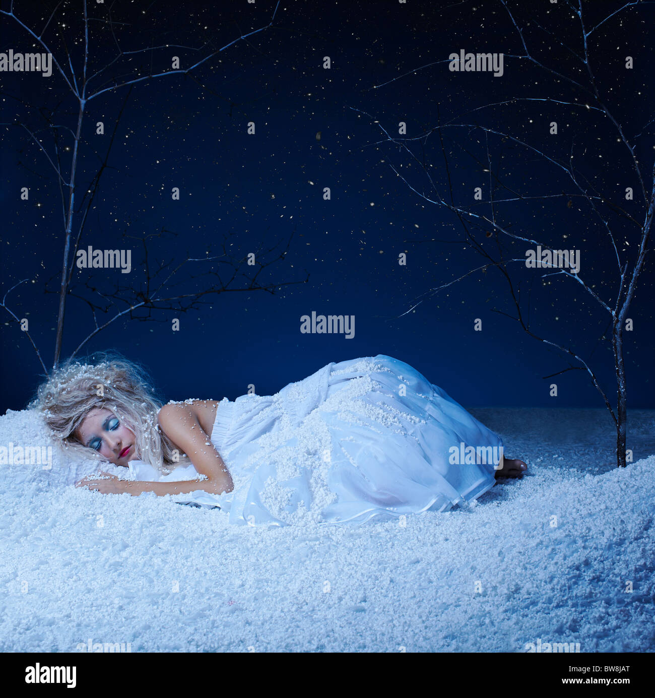 portrait of beautiful frozen fairy nymph girl sleeping on snow Stock ...