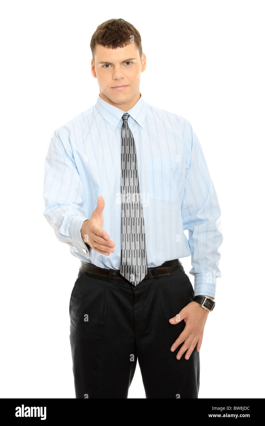 Confident business man ready to hand shake isolated on white background ...