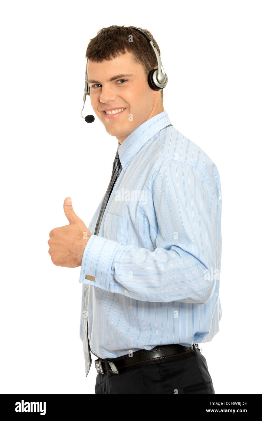 Charming customer service representative with headset on isolated on ...