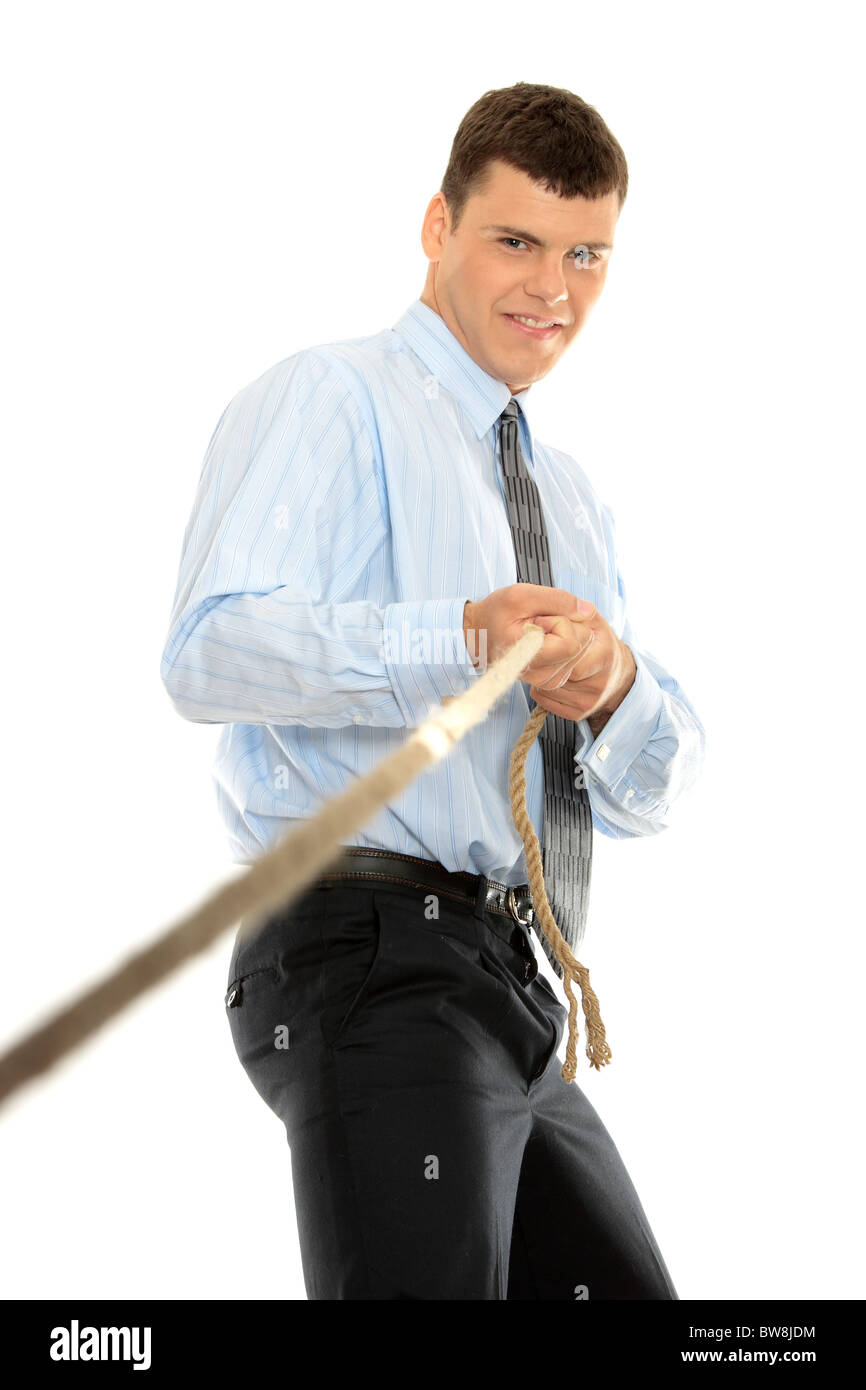 Businessman pulling on a piece of rope. Isolated on white Stock Photo ...