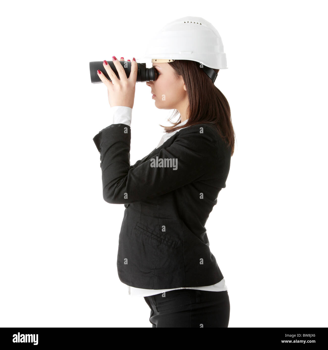 Business vision concept, engineer woman looking through binoculars ...