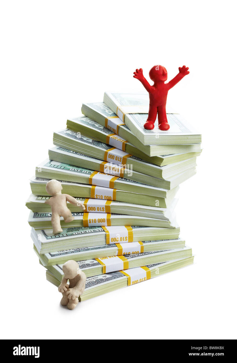 Conceptual image of plasticine man standing on the top of pile of ...