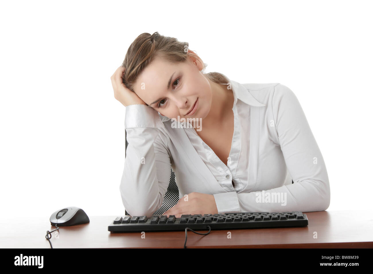 Young caucasian office worker woman behind the desk. Isolated on white ...