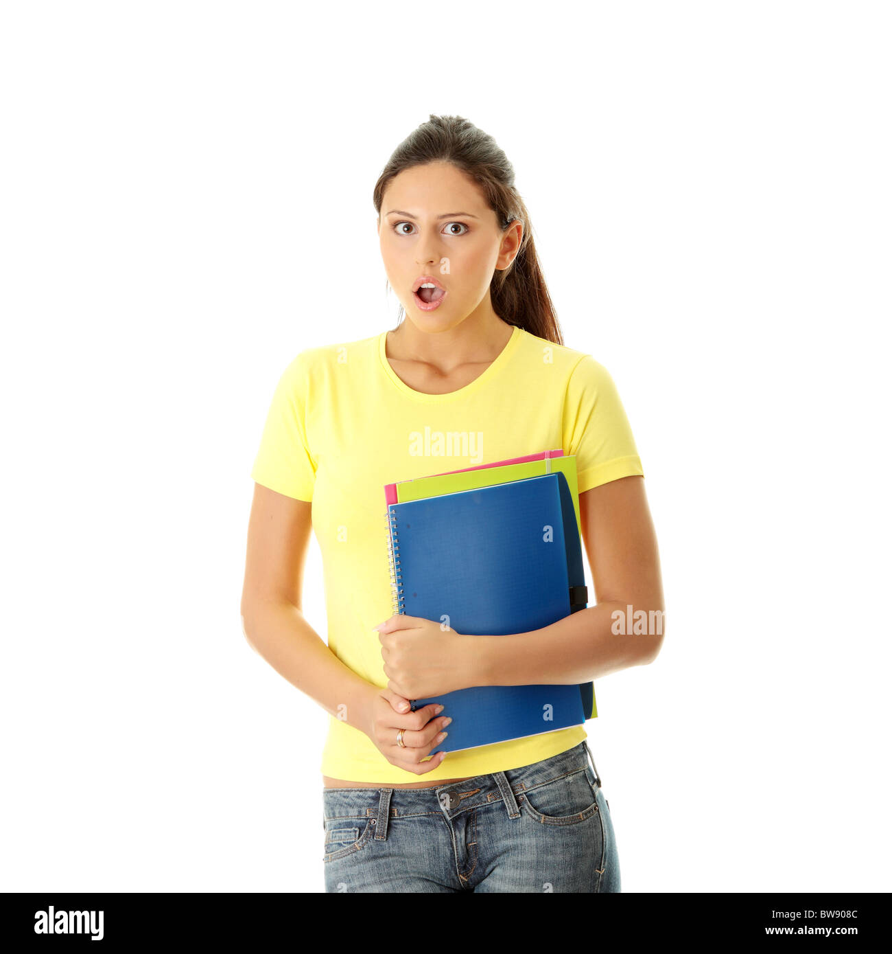 Shocked student girl, isolated on white Stock Photo - Alamy