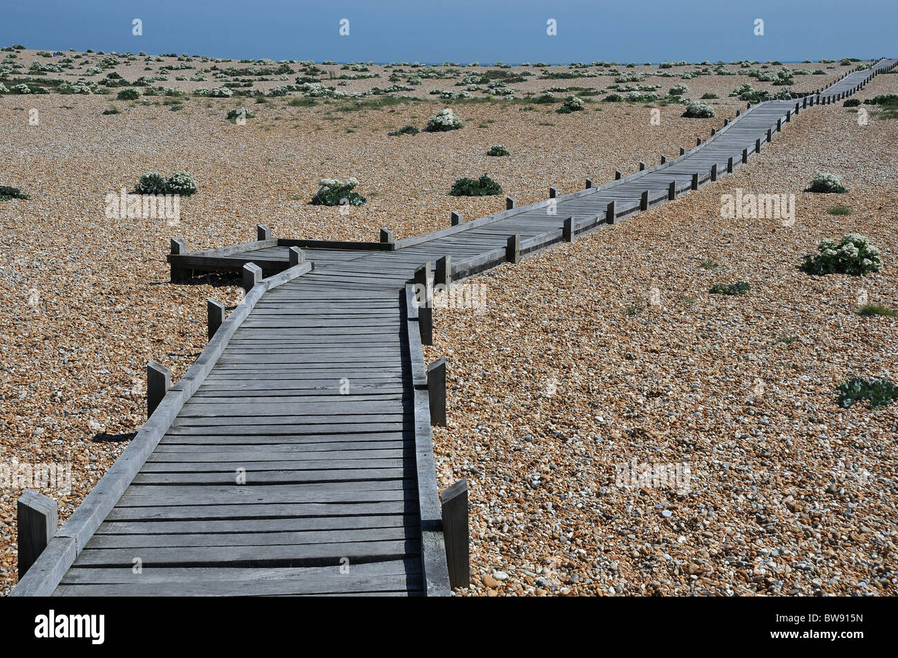 A wooden boardwalk path across shingle to the horizon Stock Photo - Alamy