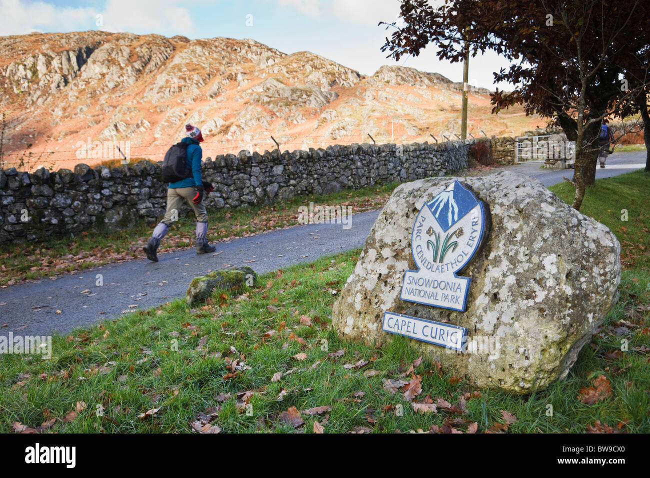 Capel Curig, Conwy, North Wales, UK. Snowdonia National Park sign by ...