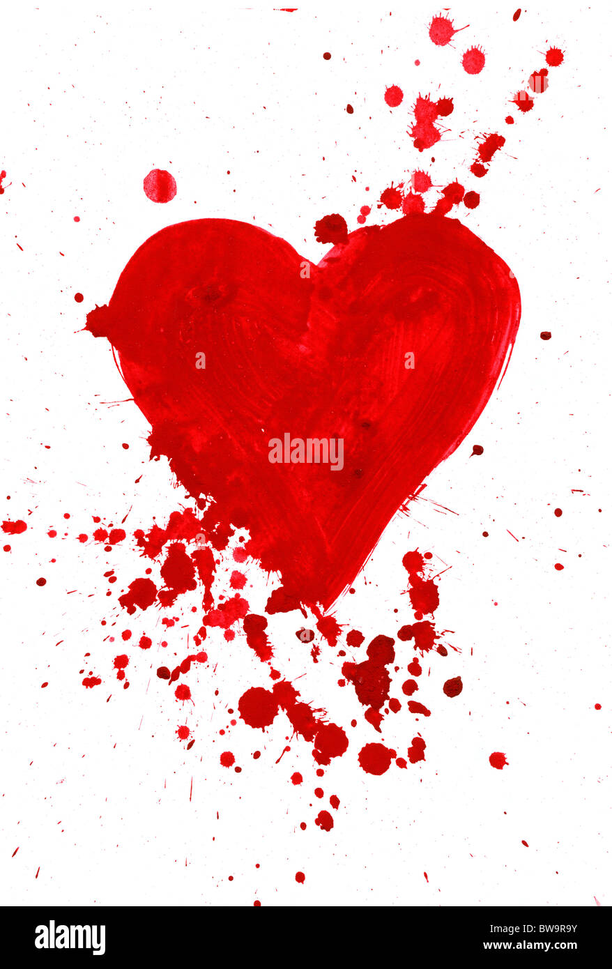 Abstract painting of heart covered with splashes over white background ...