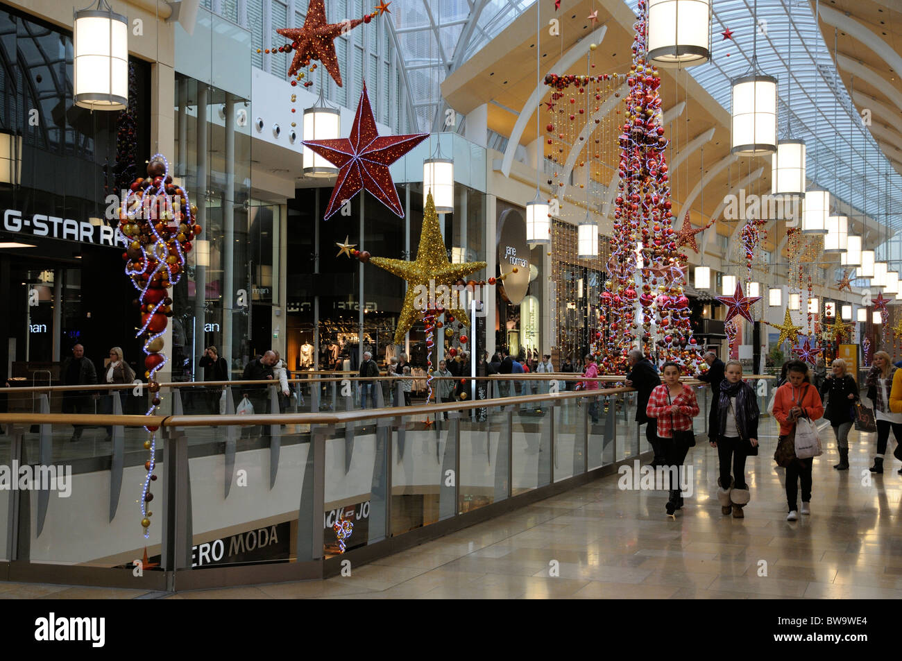 Illuminated festive Christmas decorations in the St David's shopping ...