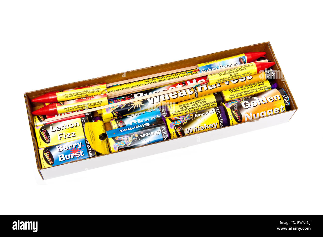 Box of fireworks isolated on a white studio background Stock Photo - Alamy