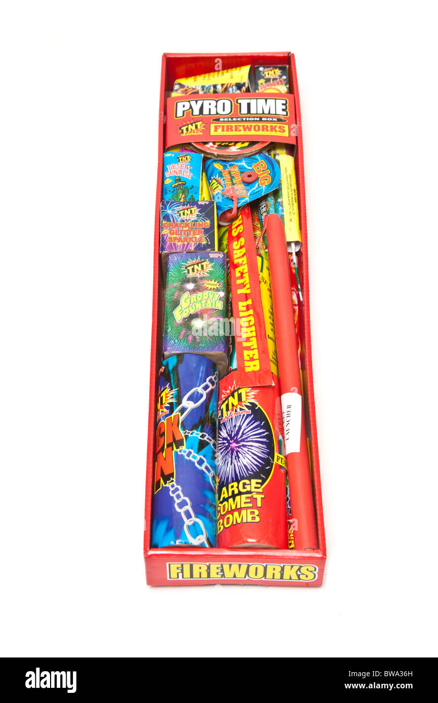 Box of fireworks isolated on a white studio background Stock Photo - Alamy
