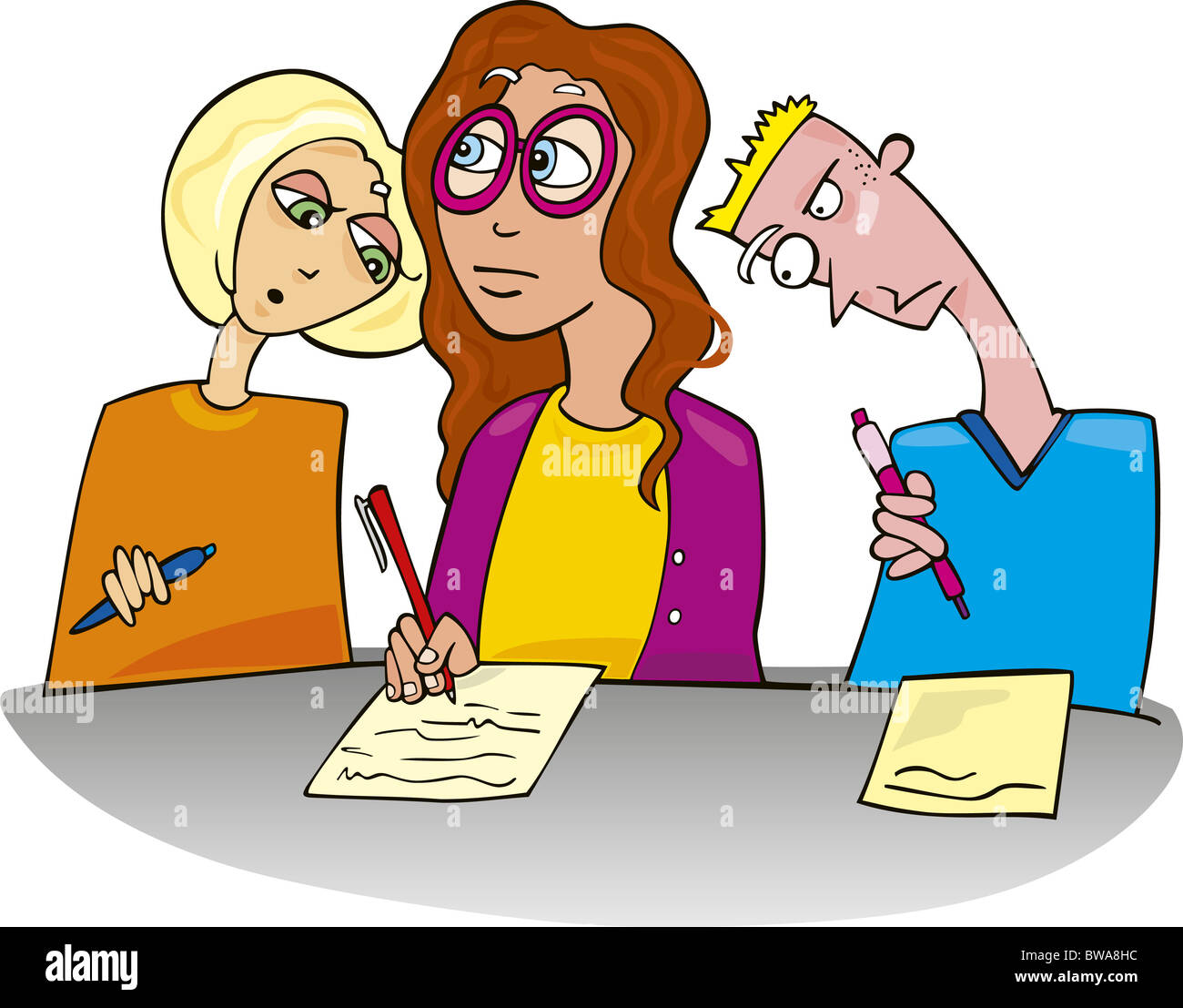 Cartoon illustration of boy cribbing on test Stock Photo - Alamy