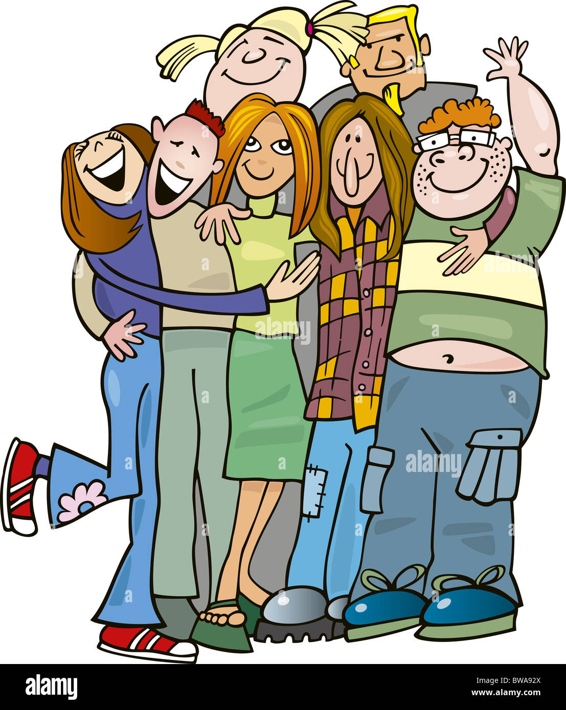 Illustration of school teens group giving a hug Stock Photo - Alamy