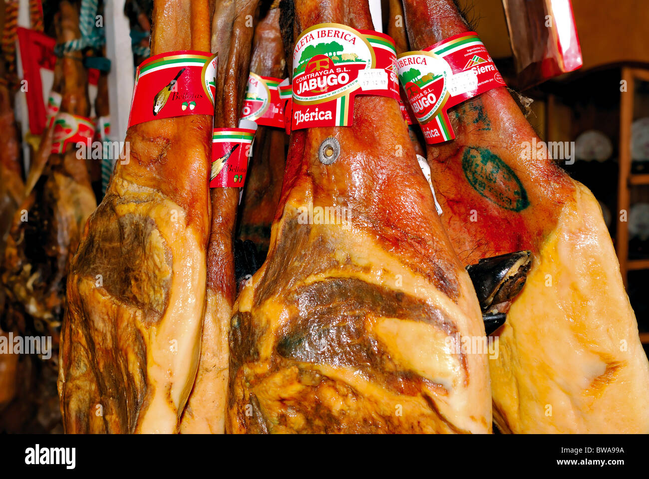 Spain, Andalusia: "Jamon Iberico" in a food shop in Jabugo Stock Photo ...