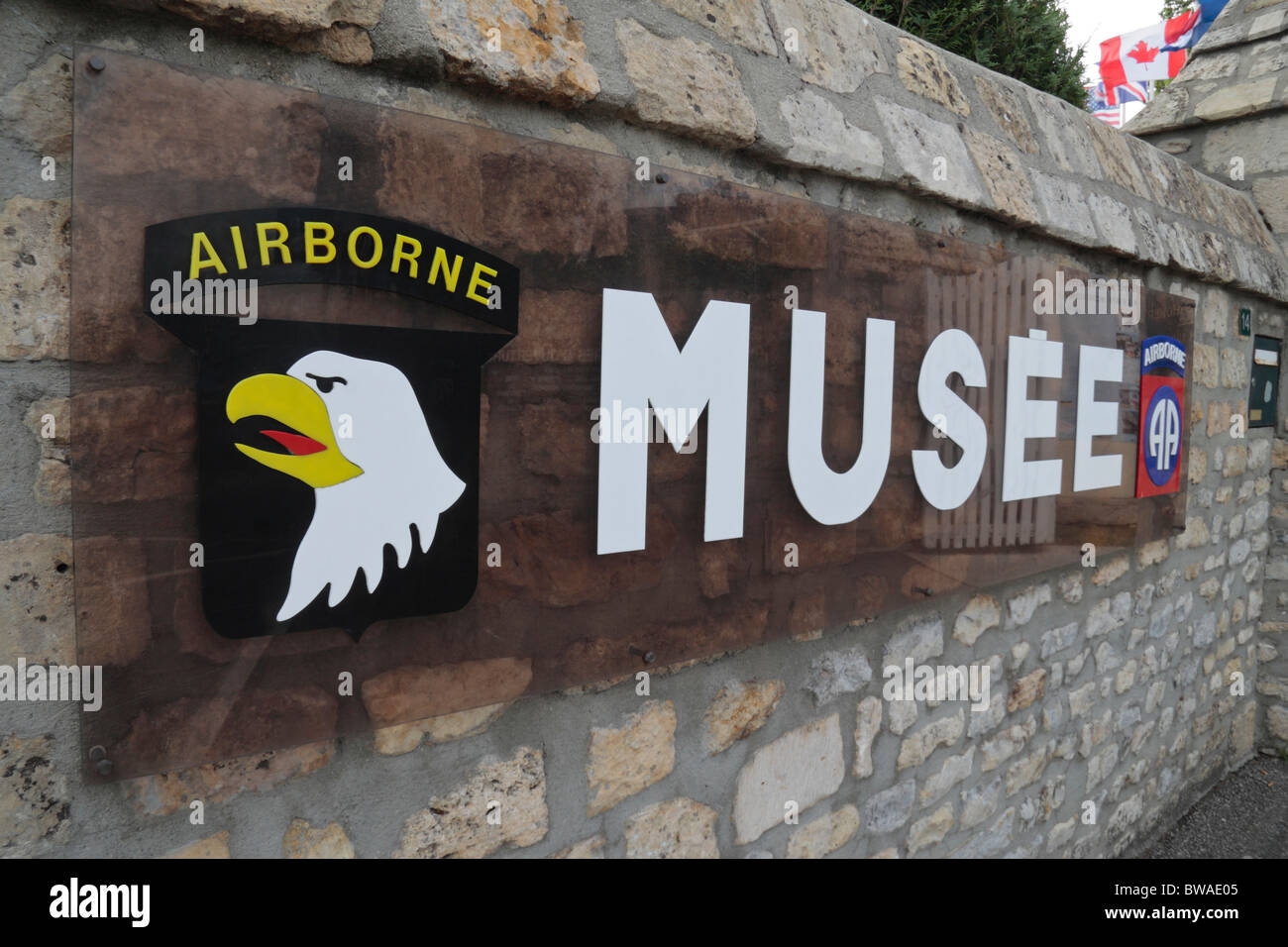 Sign at the entrance to the Airborne museum, Sainte-Mère-Eglise ...
