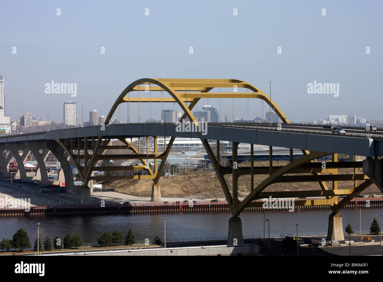 The skyline of Milwaukee Wisconsin Hoan Bridge over the Menomonee River ...
