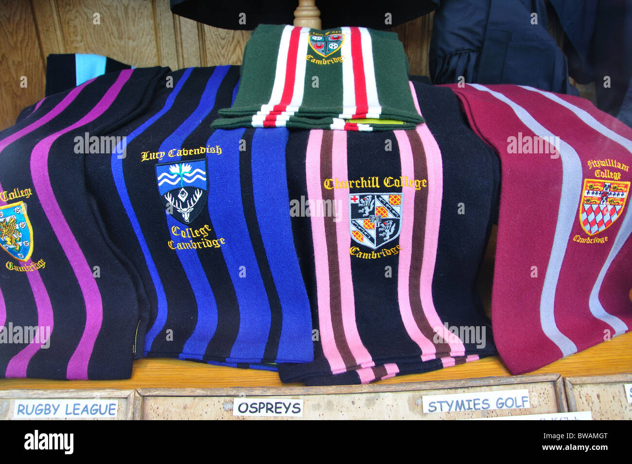 College scarfs in shop window, Cambridge, Cambridgeshire, England ...