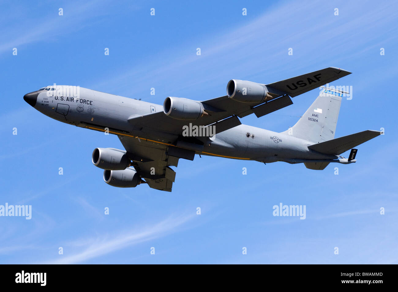 Boeing KC-135R Stratotanker operated by the US Air Force climbing out after take off from RAF ...