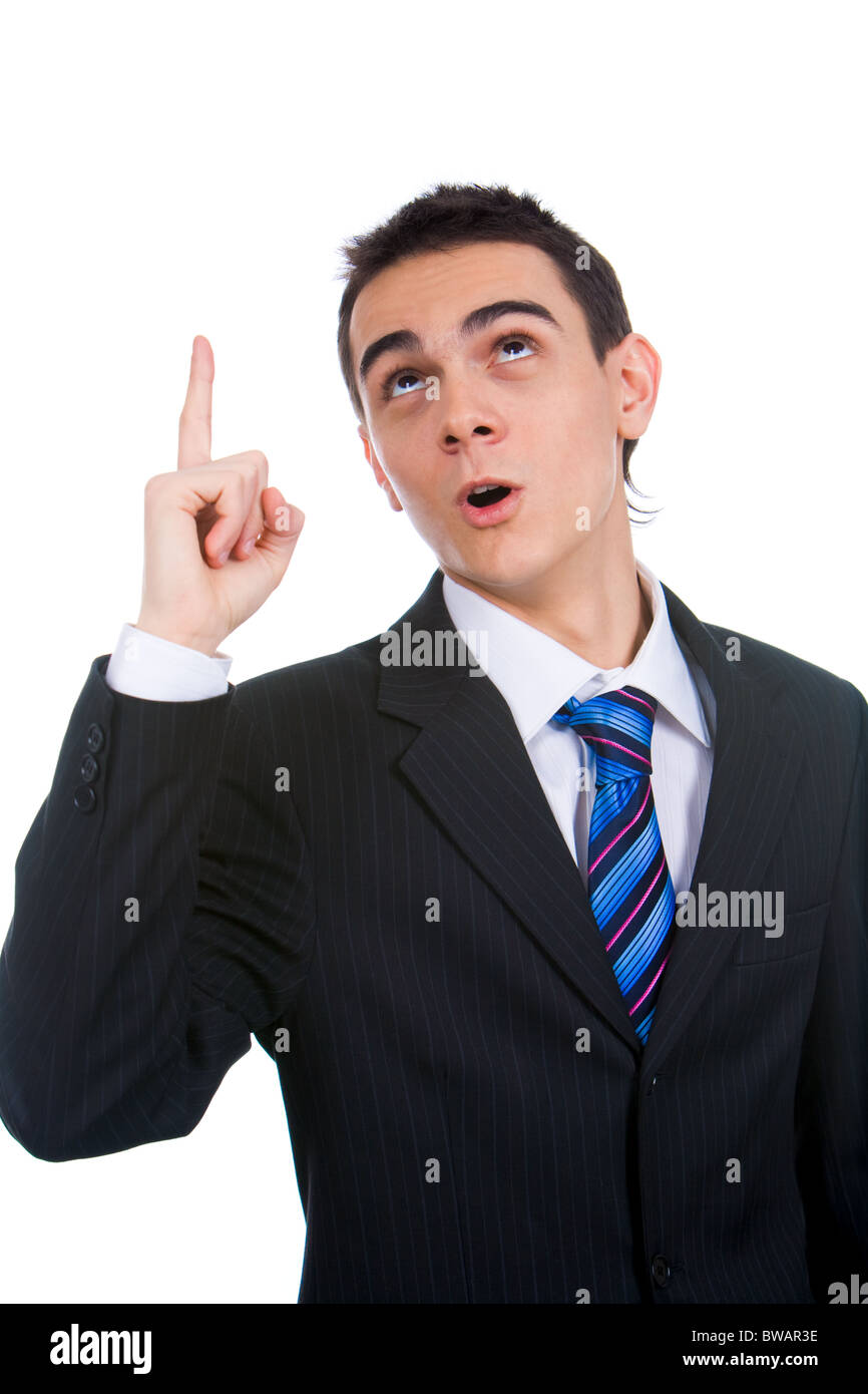 Portrait of smart man full of excellent ideas with raised forefinger ...