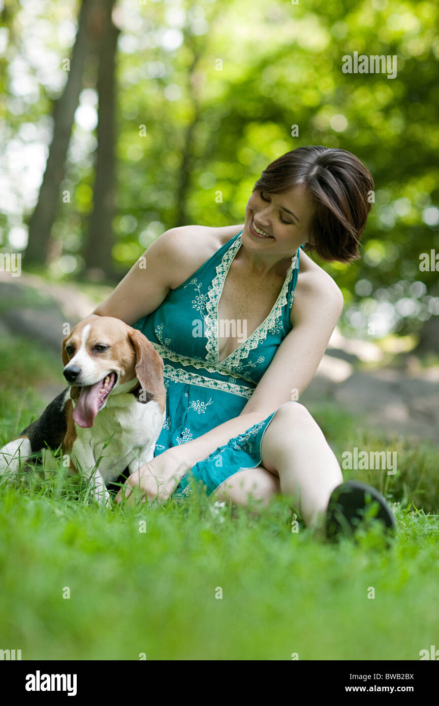 Woman with her pet beagle Stock Photo - Alamy