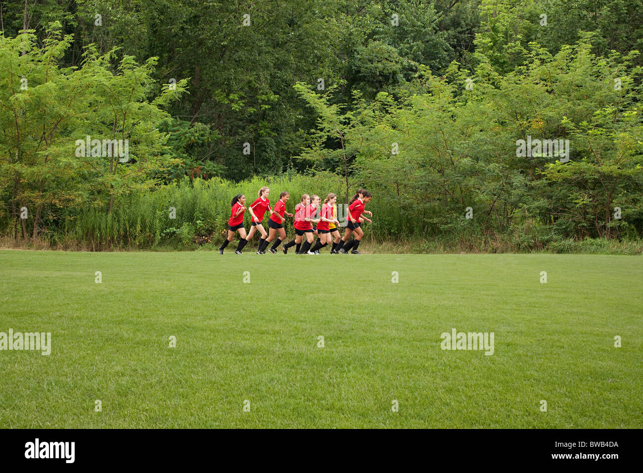 Female soccer team running Stock Photo - Alamy