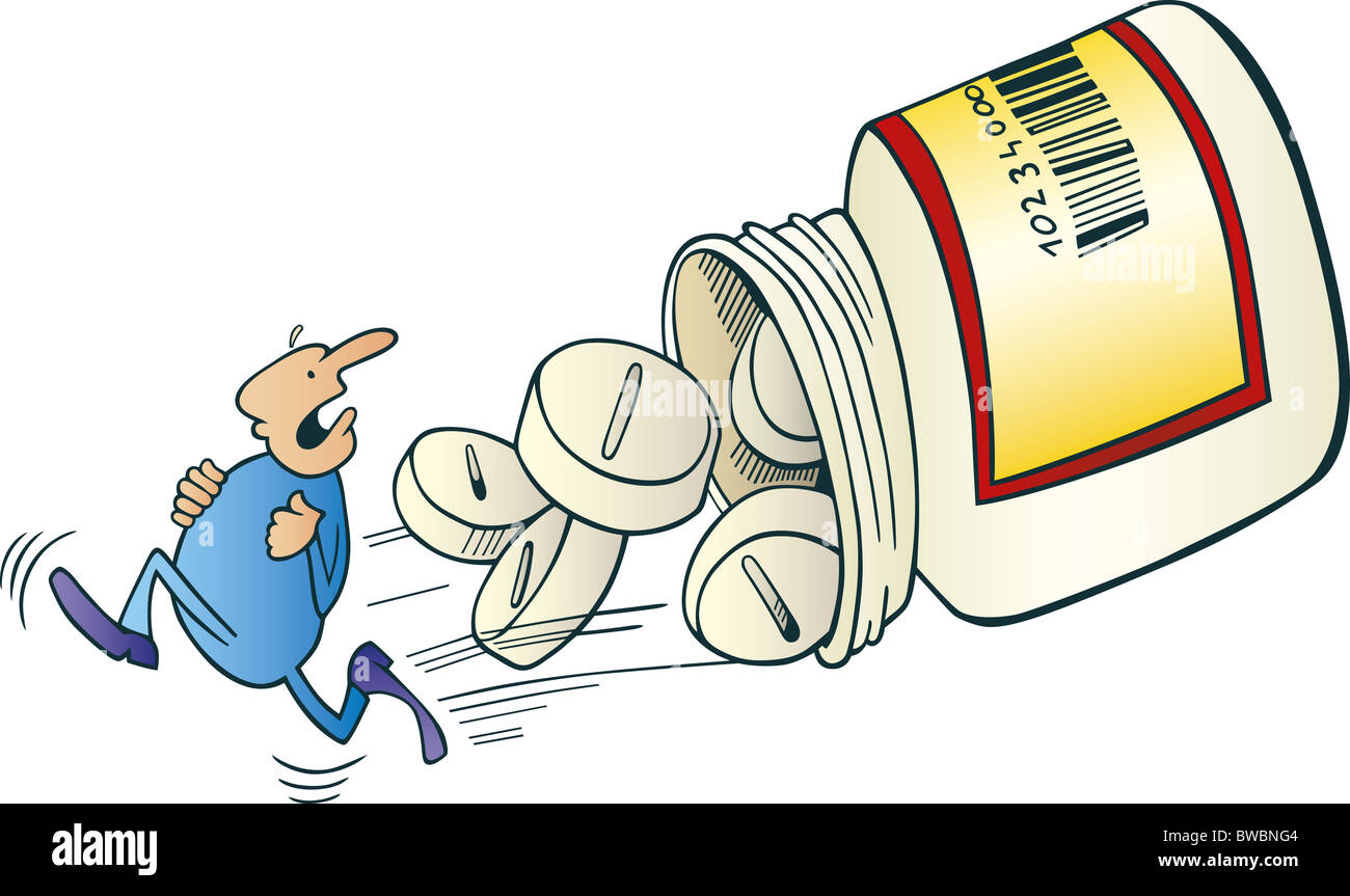 Illustration of man run away before pills Stock Photo - Alamy