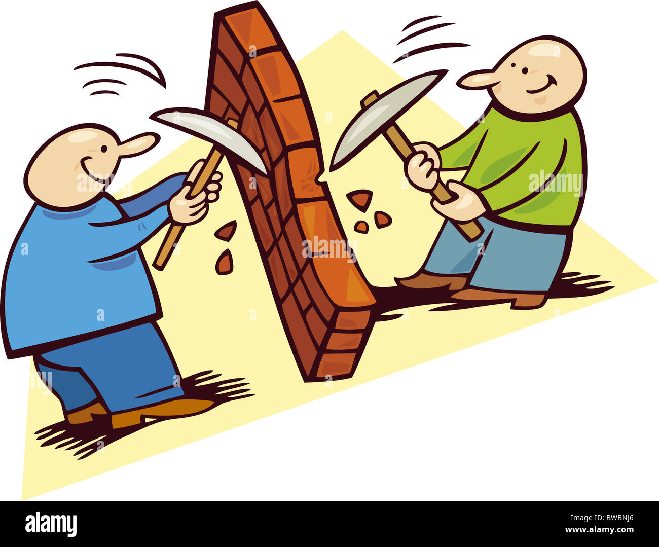 Illustration of two happy men breaking the wall Stock Photo - Alamy