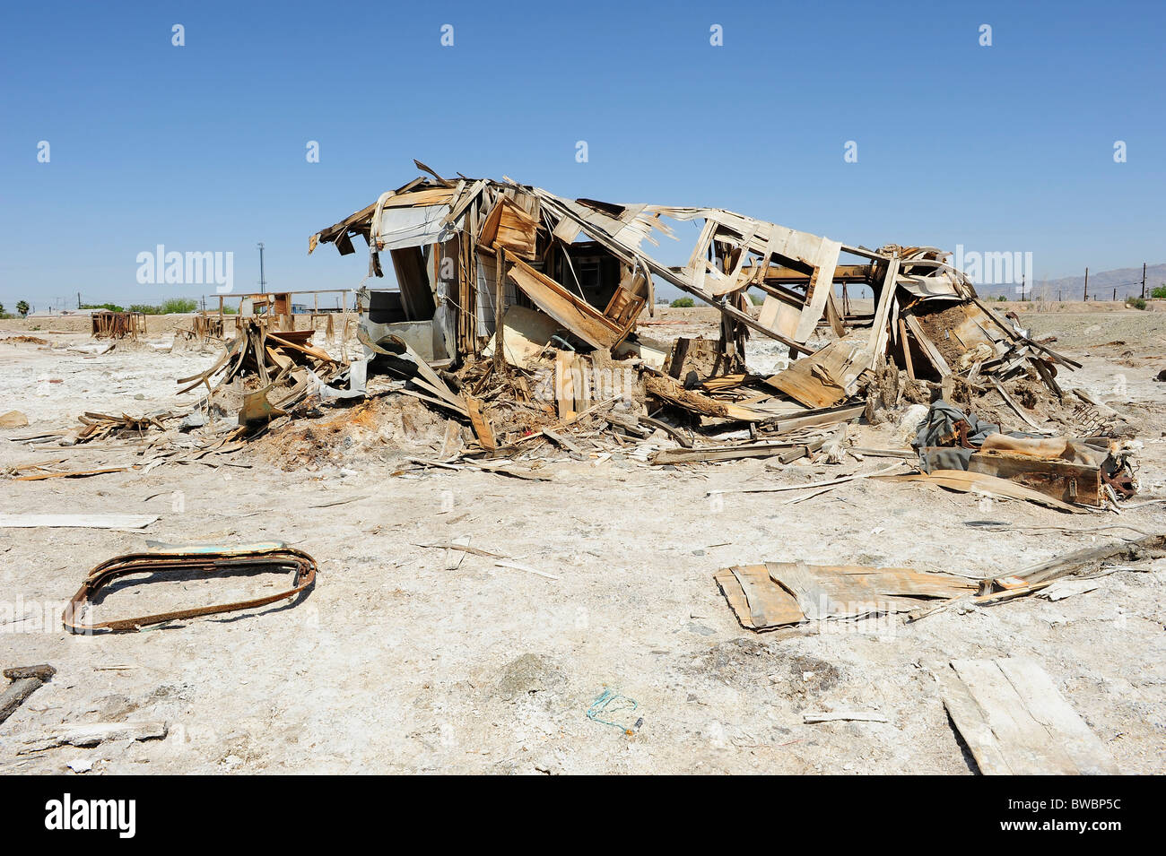 Destroyed derelict caravan, mobile home, trailer, Bombay Beach ...