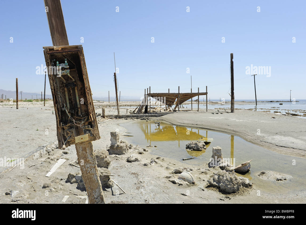 Poles and wooden structure Bombay Beach, Salton Sea, Southern ...