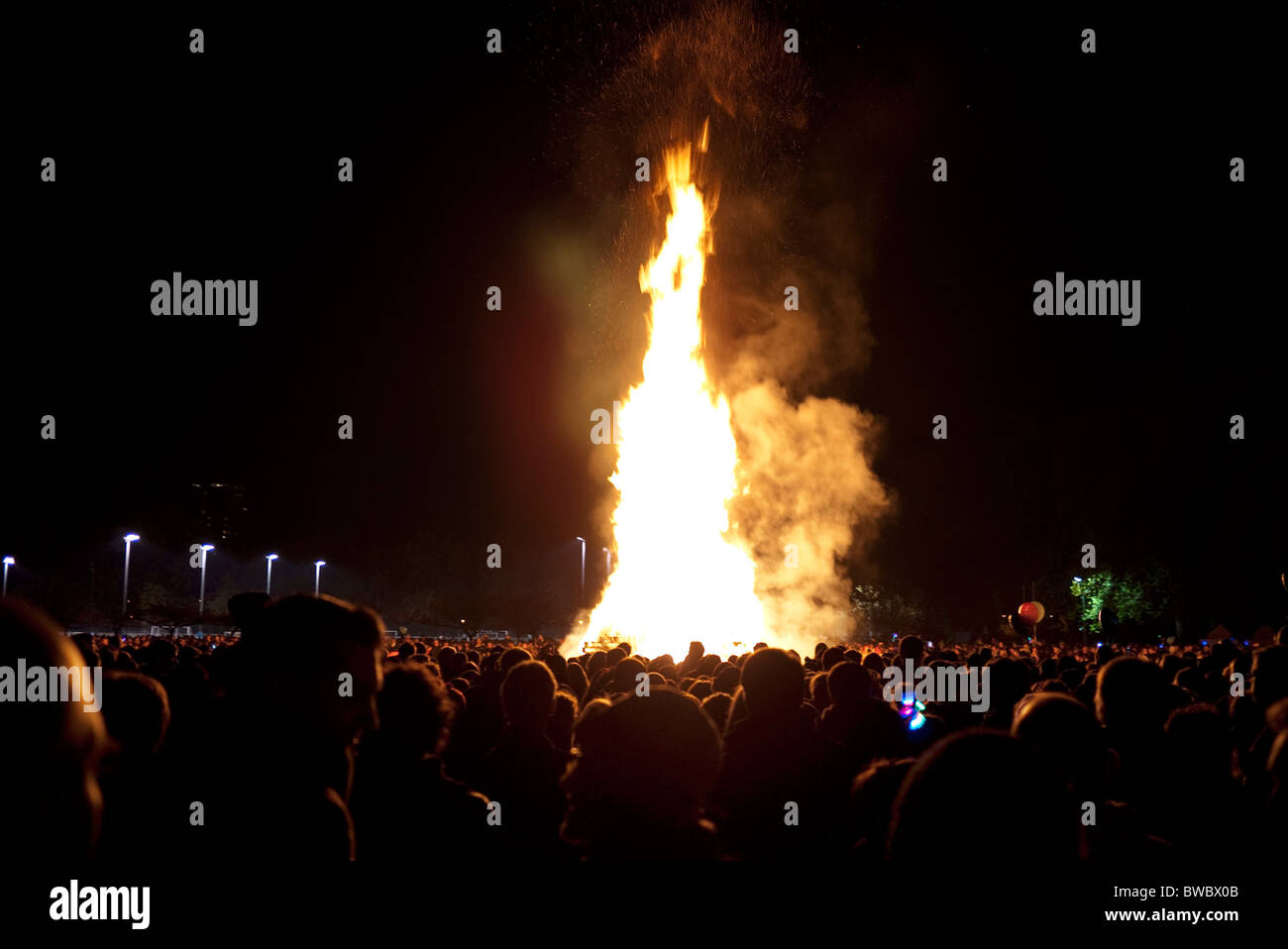 Huge bonfire on bonfire night in Battersea Park, London. This fire is ...