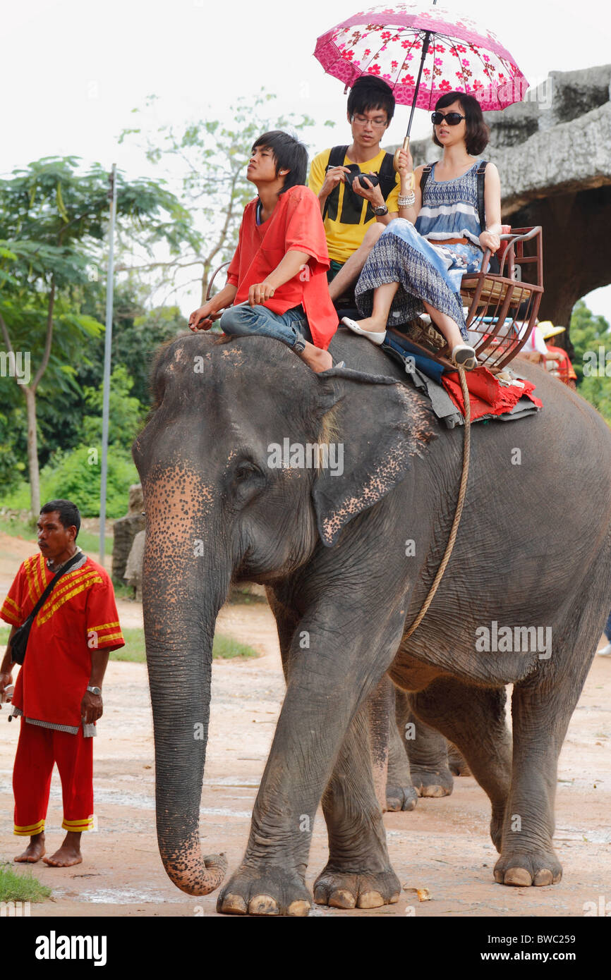 Elephant ride. Young Chinese tourist couple with umbrella riding ...