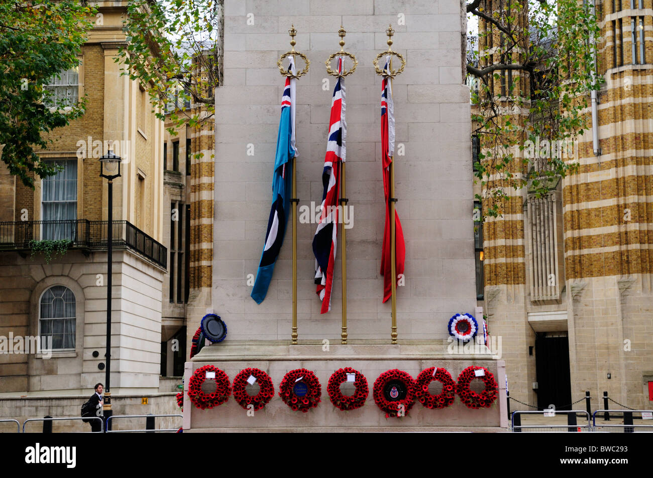 Wreaths of poppies and flags on The Cenotaph War memorial, Whitehall ...