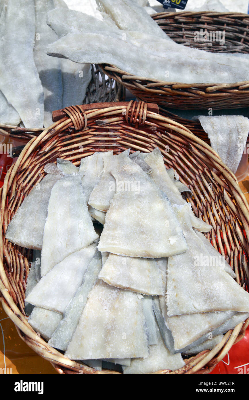 Vending traditional salt cod-fish on a market in Vic, Spain Stock Photo ...