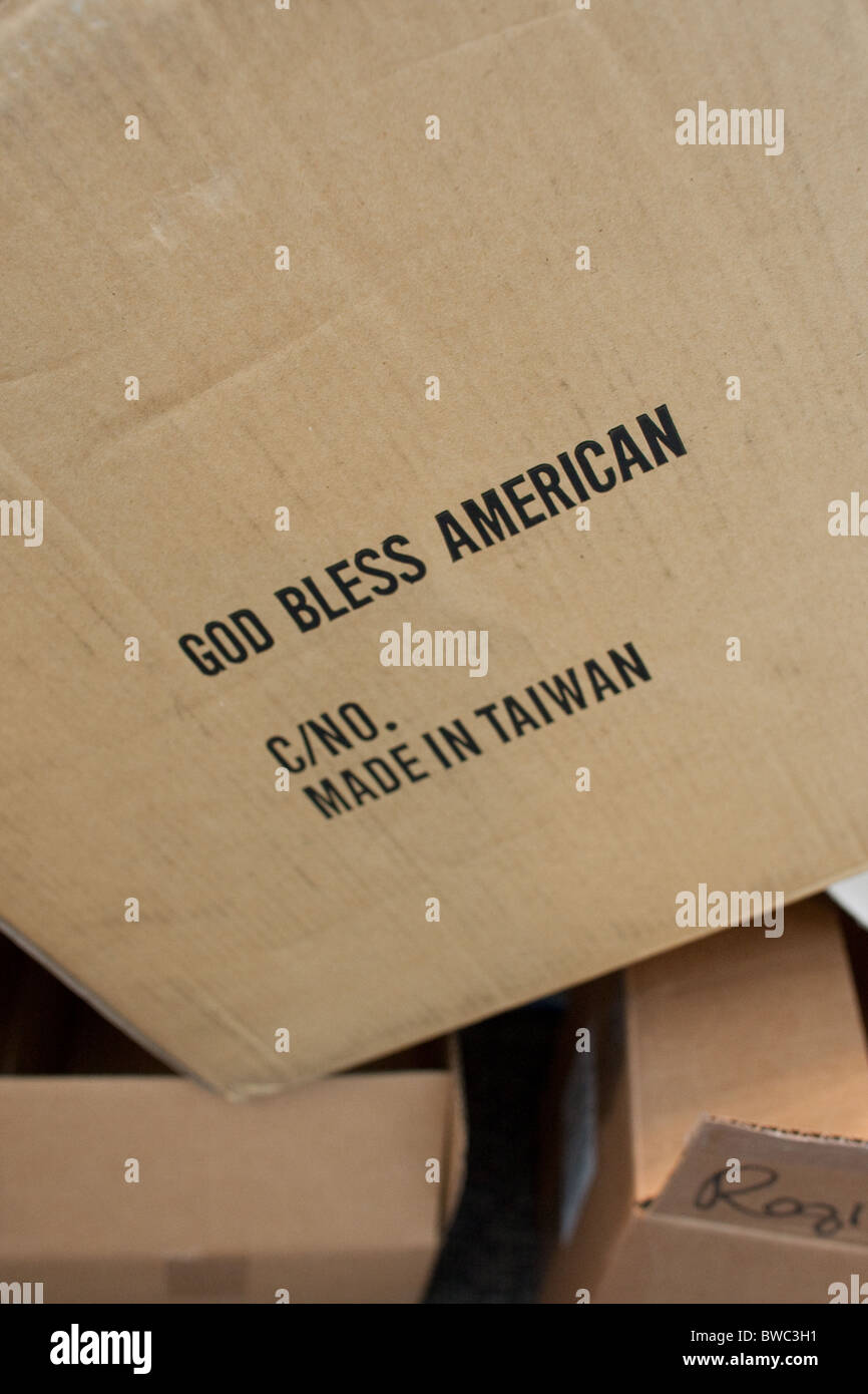 Empty cardboard packing box made in Taiwan with misspelled patriotic ...
