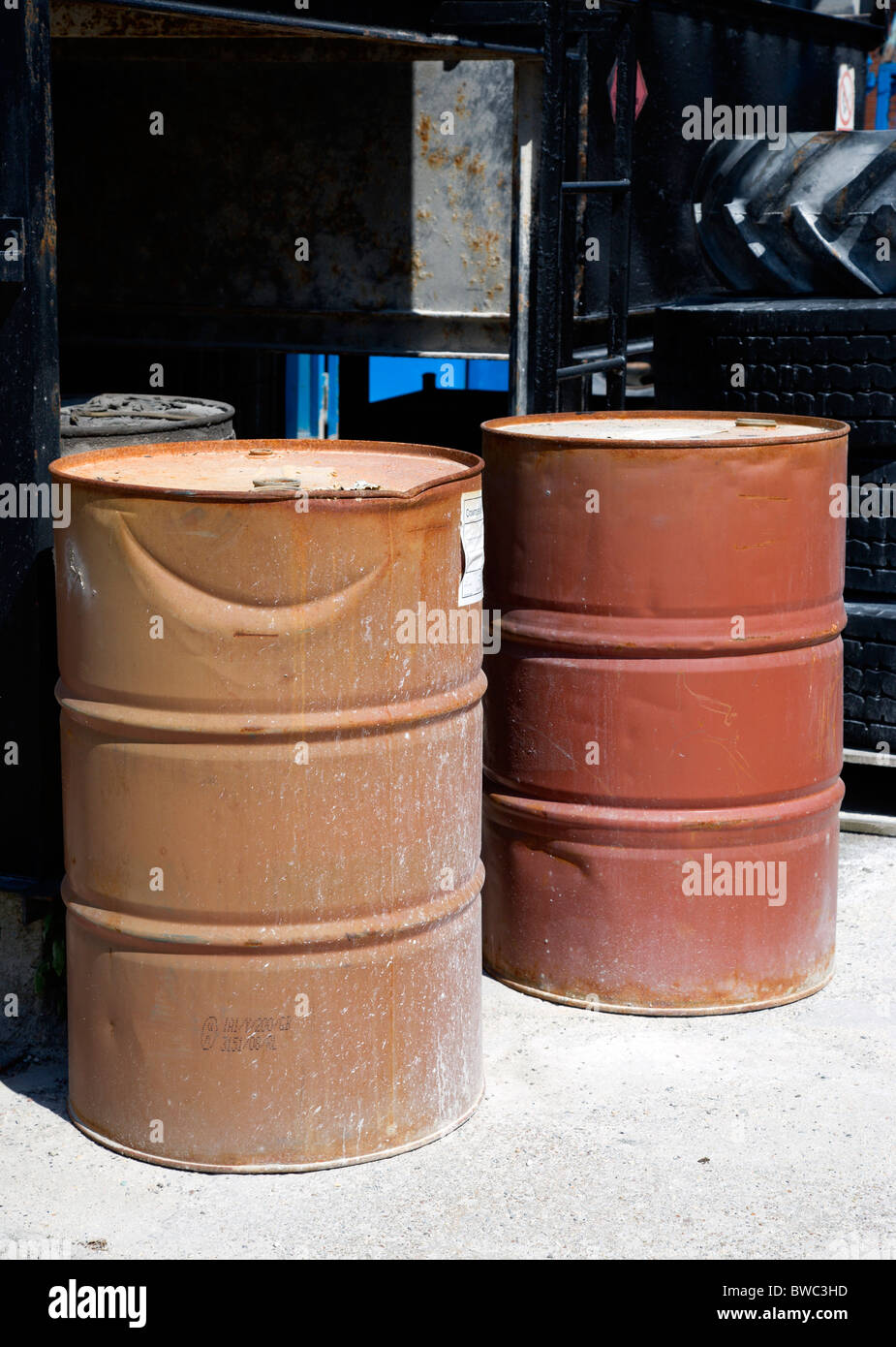 Industry, Oil, Storage, 500 litre oil drums in workshop Stock Photo - Alamy
