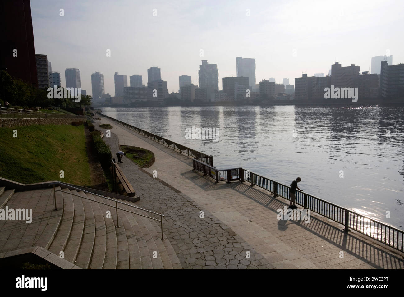 The south side of Sumida river bank at Harumi Dori bridge near Ginza ...