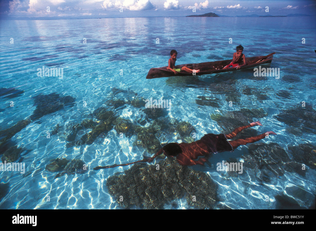 Bajau fisherman dives underwater to spear fish, children watch from ...