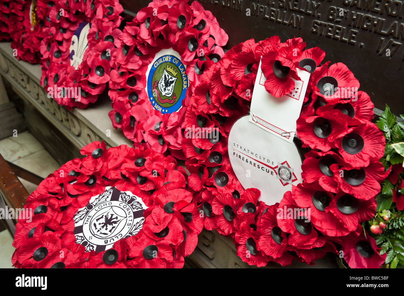 Poppy wreaths at the Remembrance Sunday ceremony in Lanark, South ...