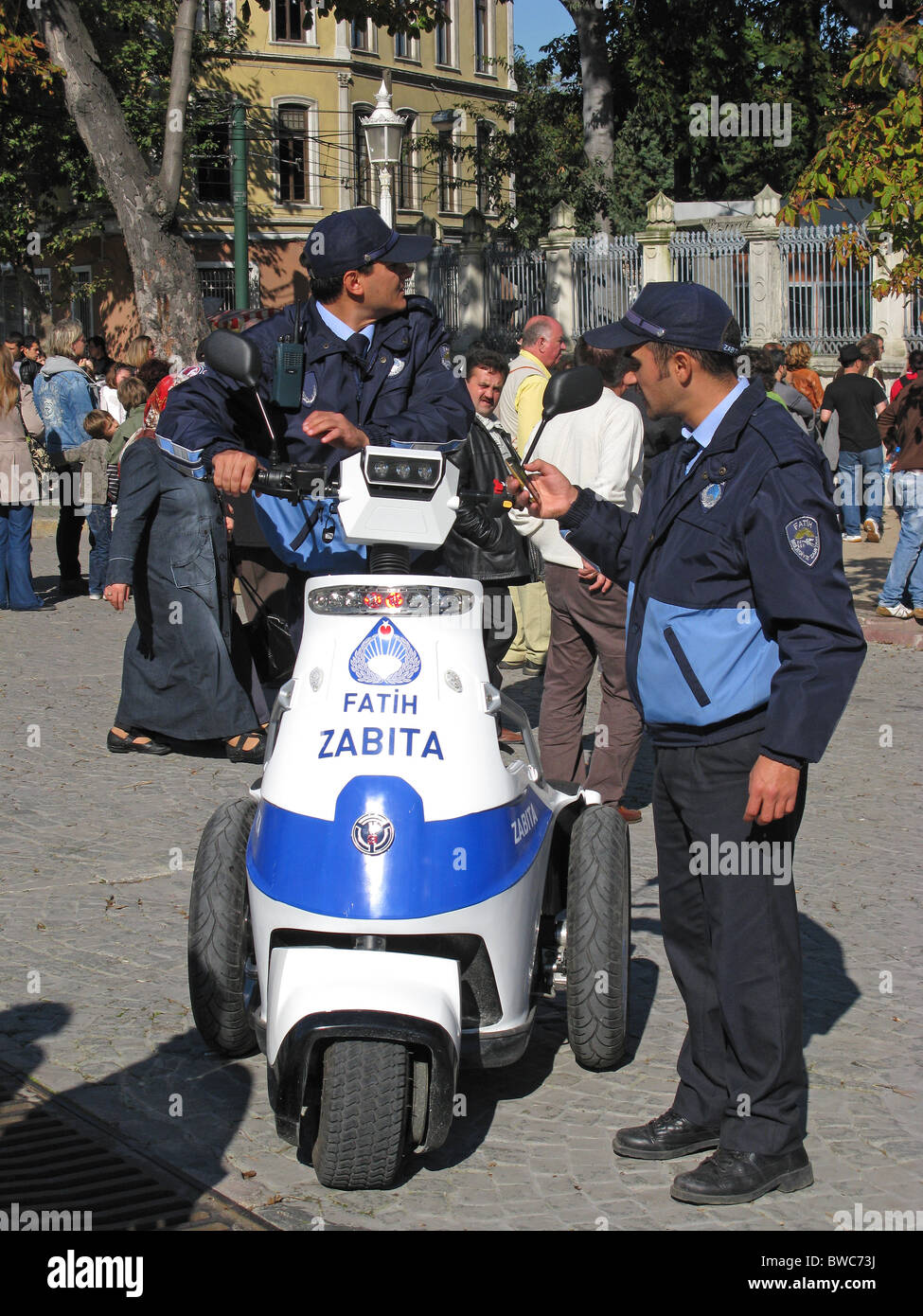ISTANBUL, TURKEY. Two police officers, one on a T3 Motion ESV, outside ...